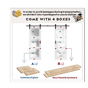 ARKHJEM Double Sliding Barn Door,60in(Double 30”×84in Frosted 3 Panel Glass Barn Door,Water-Proof PVC Surface,Hardware Kit Included, Assembly Needed,White