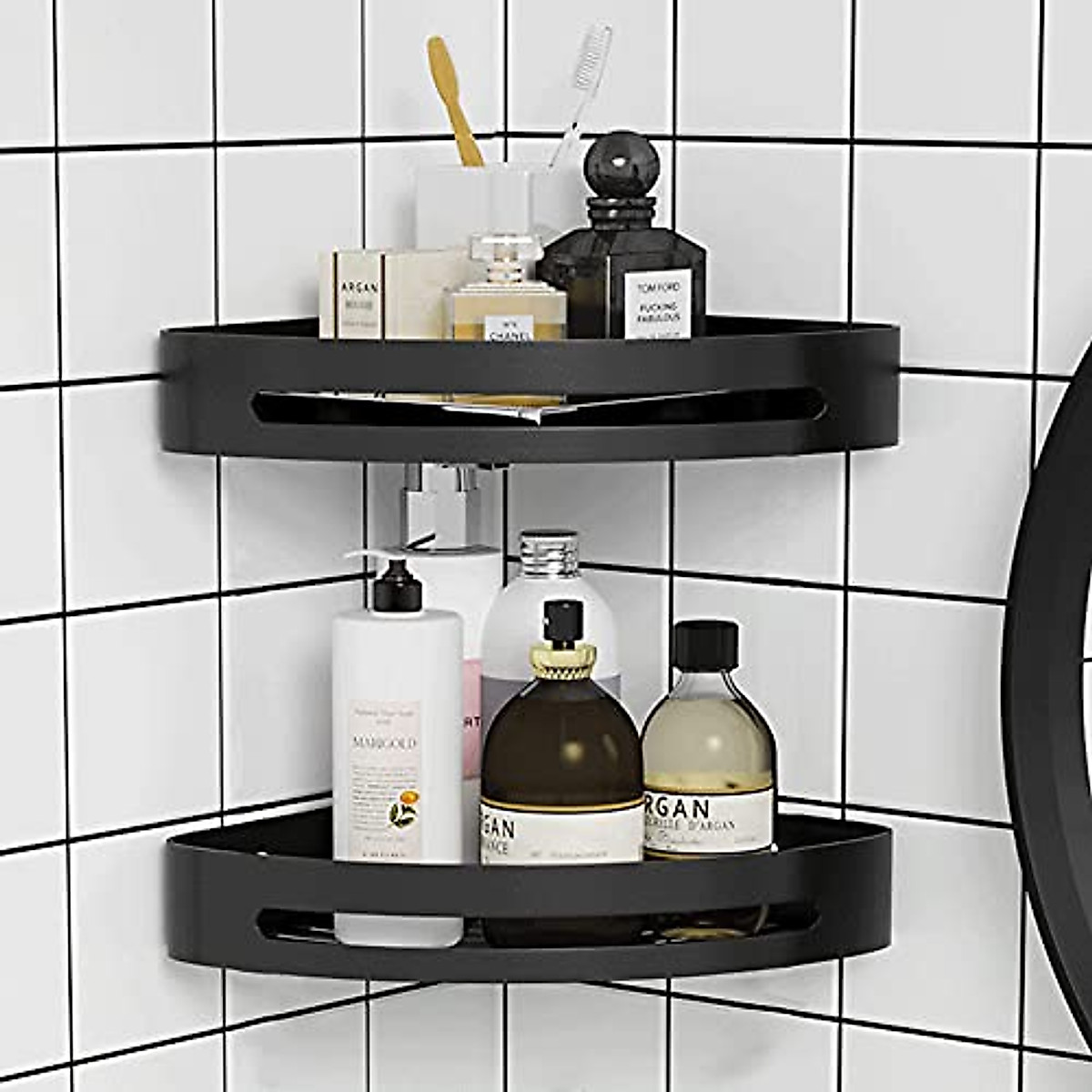 UOIXPUHUO 2pc Shower Shelf,Bathroom Organiser,Corner Shower Caddy,Triangle Storage Basket,Rustproof No Drilling for Bathroom Kitchen (Black)