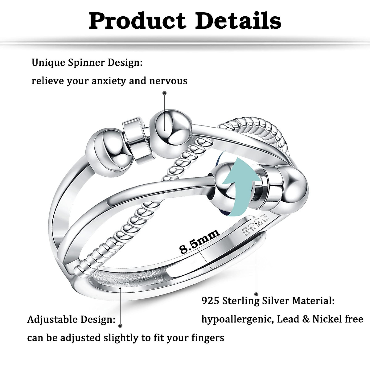 SAILIMUE 925 Sterling Silver Anxiety Ring For Women Men Fidget Rings For Anxiety Spinning Bead Adjustable Stacking Spinner Band Ring