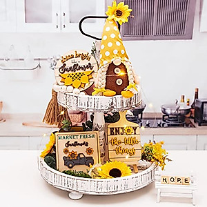 Sunflower Decor - Tiered Tray Decor Farmhouse Sunflower Kitchen Decor - Sunflower Gnomes Decorations - Wooden Signs for Home Table Fireplace (Not Included Tray)