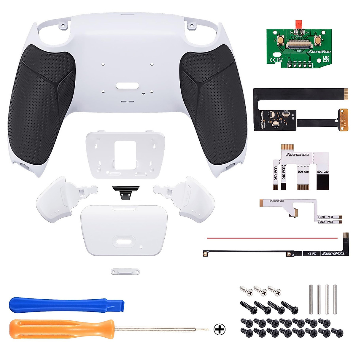 eXtremeRate Black Rubberized Grip Programable RISE 2.0 Remap Kit for PS5 Controller BDM 010 BDM 020, Upgrade Board & White Redesigned Back Shell & White Back Buttons for PS5 Controller - NO Controller