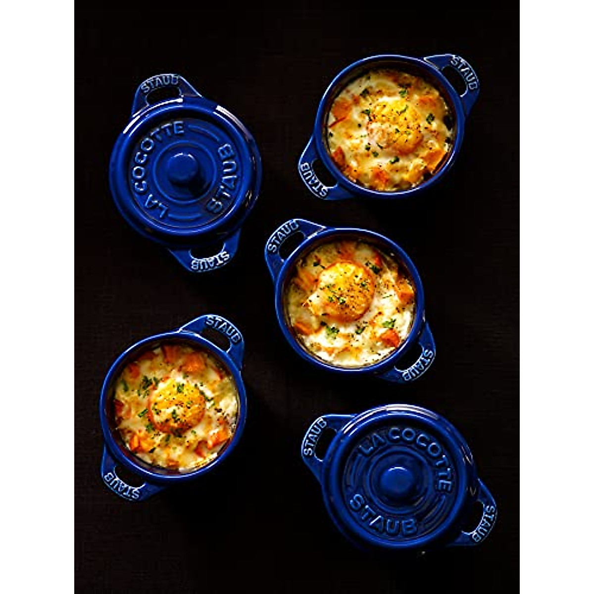 STAUB Ceramics Dutch Oven 3-piece Mini Round Cocotte, Dark Blue