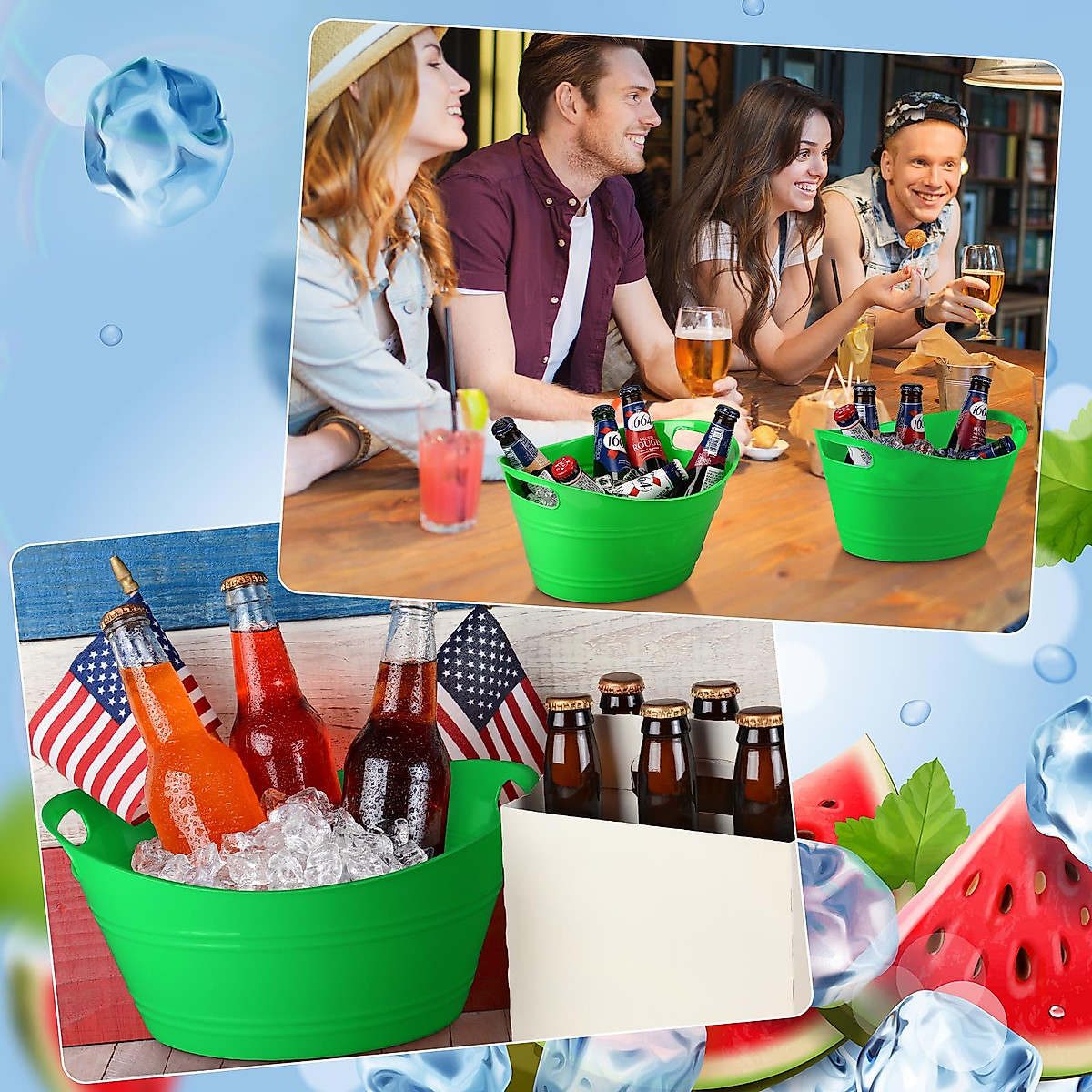 6 Pieces Ice Buckets Bulk, Plastic Ice Buckets with Handles, Oval Storage Tub, Large Capacity Ice Drink Bucket for Party Bar Wine Beer Champagne Beverage Bottle Cooler (Green,4.5 Liter)