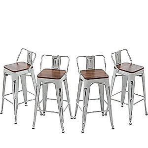 Andeworld Bar Stools Set of 4 Counter Height Stools Industrial Metal Barstools with Wooden Seats(24 Inch, Distressed White)