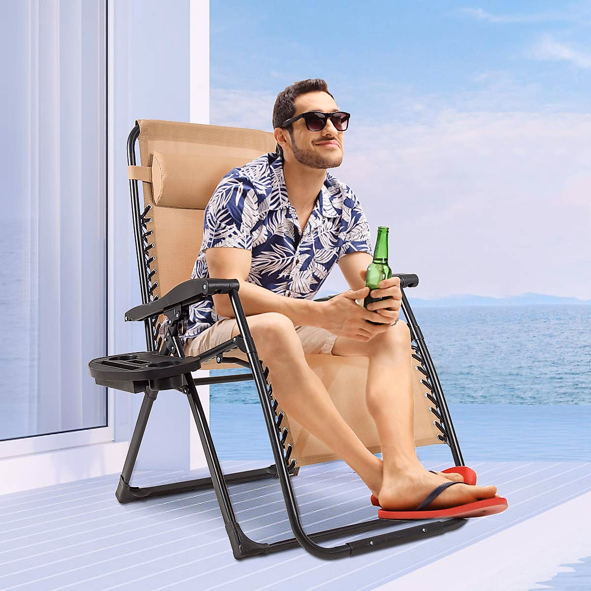 Goplus Zero Gravity Chairs, X-Large Outdoor Lounge Lawn Chair with Cup Holder & Detachable Headrest, Adjustable Folding Patio Recliner for Pool Porch Deck Oversize (Beige)