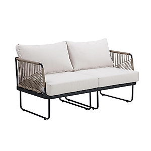 Nathan James Isla Boho Loveseat for Patio, Upholstered Outdoor Sofa with Black Metal Frame, Cream