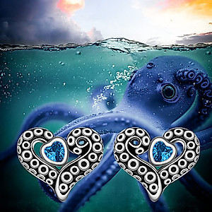 Tentacle Earrings for Women Sterling Silver Blue Heart Cubic Zirconia Ocean Black Octopus Tenticles Earrings Studs Gifts for Her