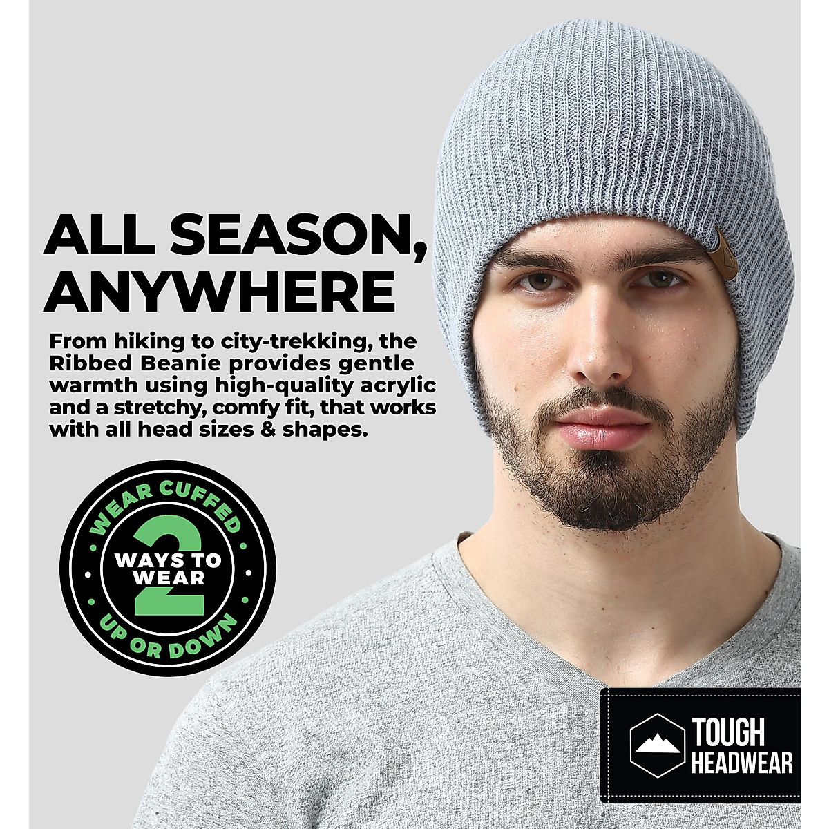 Tough Headwear Beanies for Men & Women - Knit Beanie, Warm & Soft Ribbed Beanie, Daily Knit Hat, Women & Mens Toboggan Hat for Cold Weather Light Gray