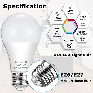 HengBo LED Light Bulbs 100 Watt Equivalent, 6500K Daylight 1200LM White Light Bulb, 12W Non-Dimmable, E26 E27 Standard Medium Base Bulb for Bathroom, Kitchen, Living Room (Pack of 4)