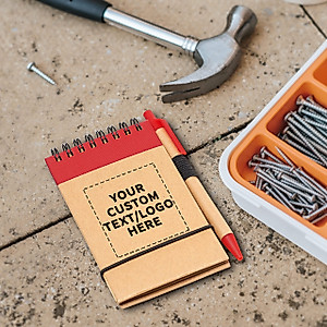 DISCOUNT PROMOS 50 ECO Jotters with Pen Set - Customizable Text, Logo - Recycled Paper, 3 x 5 inches, Minimalist, Handy - Red