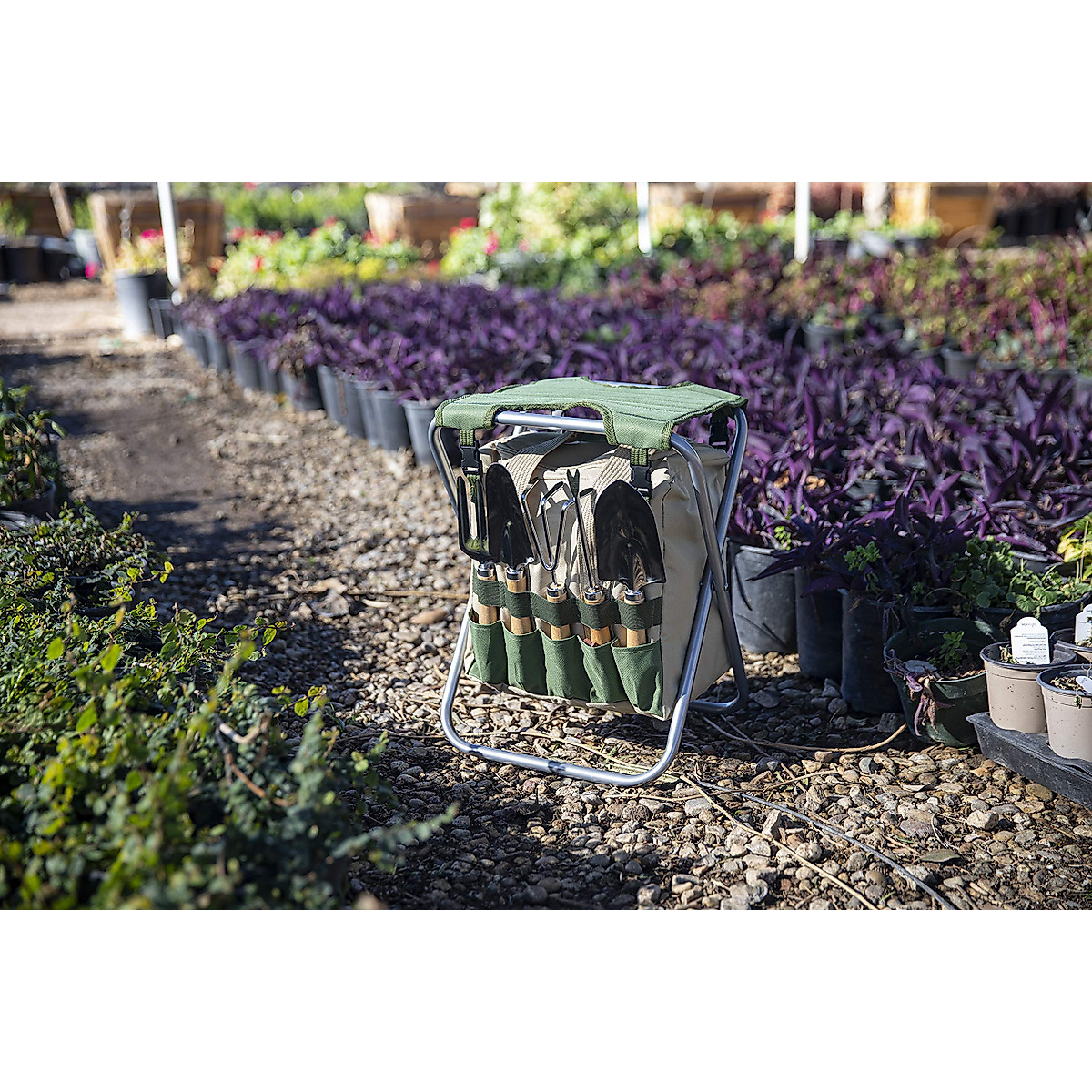 ONIVA - a Picnic Time brand Gardener Folding Seat with Tools, Garden Stool with Detachable Storage Tote Bag, Portable Chair Seat with Garden Tools Set Organizer, Olive Green with Beige Accents