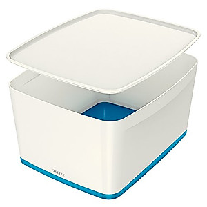 Leitz Large MyBox with Lid, Storage Box for Home and Office, High Gloss Plastic, 18 Litre, A4, White/Blue Metallic