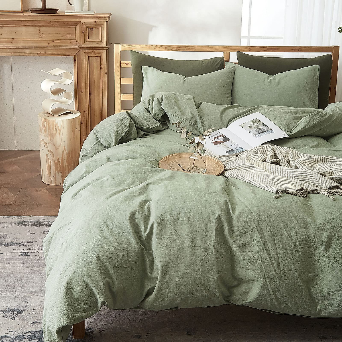 Sage Green Duvet Cover Sets King 100% Washed Cotton Men Women Bedding Set Simple Japanese Style 3 Piece with Pillow Shams, King Size