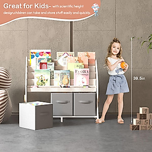 HedoAjim Kids Bookshelf Small 4 Sling Wood Book Rack Kids Room Bookcase Display Stand with 3 Toy Storage Organizer Cube Bins Children Toddler Baby Gift Boys Girls Bedroom Playroom Nursery