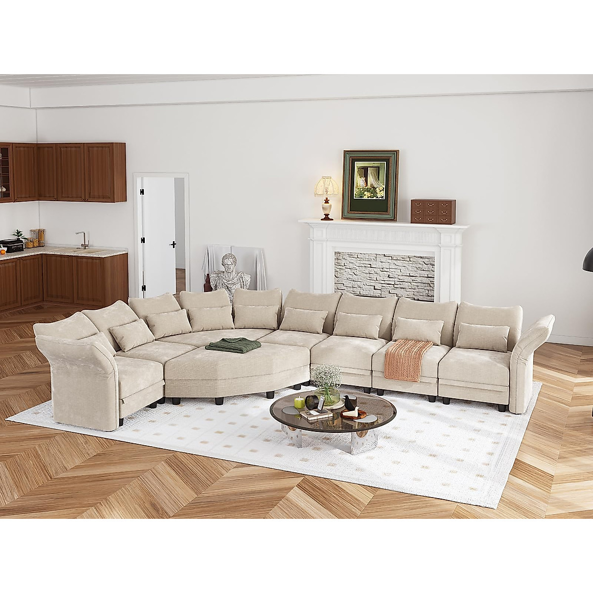 LLappuil 173" L Shaped Sectional Sofa Corner Modular Couches with 2 Diamond Ottoman, 8 Seats Chenille Sectional Couch with Adjustable Armrest Backrest, Khaki