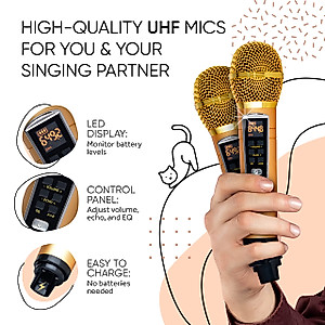MASINGO Kitty Cat Karaoke Machine for Kids, Children and Toddlers with 2 Wireless Bluetooth Microphones, PA Speaker System Includes Lyrics Display Phone Holder, TV Cable and Singer Vocal Removal Mode