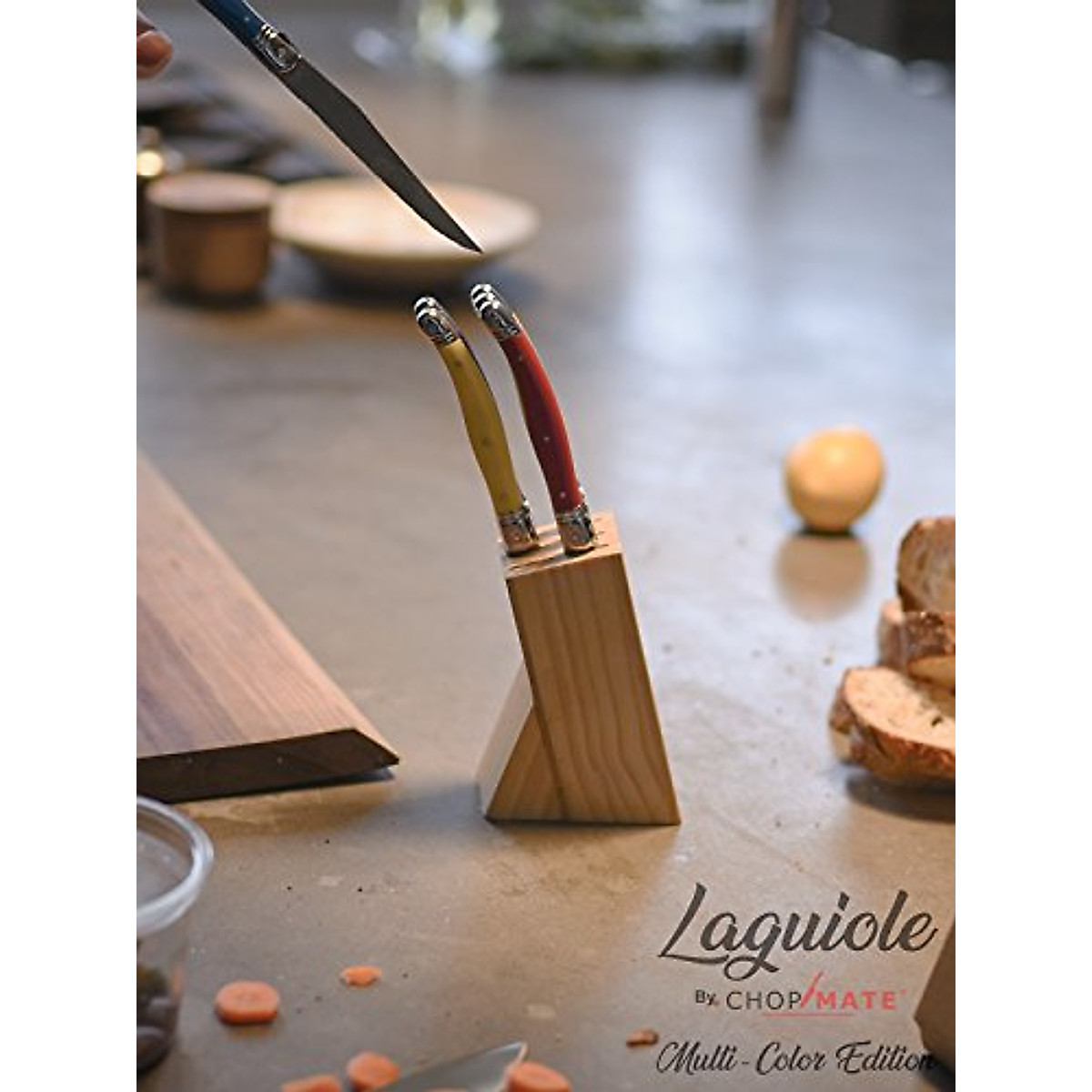 Chopmate - Laguiole Style - Stainless Steel Premium Steak Knife Set - Vibrant Multi Color Edition - 6 Piece Set + Bonus Wood Storage Display Block
