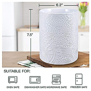 MEIGUI Ceramic Utensil Holder, 7.5 inch High Utensil Holder for Countertop, Modern Cooking Large Utensil Caddy, Durable and Stylish Kitchen Utensil Crock, Flower White