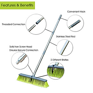 PHYEX 18” Push Broom with Adjustable Long Handle, Multi-Surface Floor Scrub Brush for Cleaning Deck, Patio, Garage, Driveway