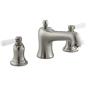 KOHLER Bancroft Bath Faucet Trim for Deck-Mount Valve with Diverter Spout and White Ceramic Lever Handles, Valve Not Included, Vibrant Brushed Nickel