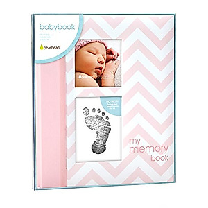 Pearhead First 5 Years Chevron Baby Memory Book With Clean-Touch Baby Safe Ink Pad To Make Baby's Hand Or Footprint Included, Newborn Milestone And Pregnancy Journal, Pink