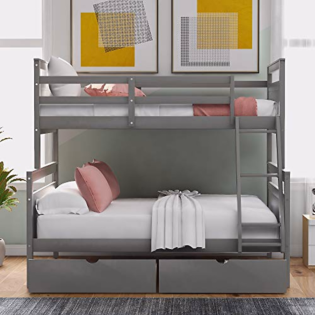 GLORHOME Twin Over Full Bunk Bed with 2 Storage Drawers, Solid Wood Bed Frame with Safety Rail and Ladder, Kids/Teens Bedroom, Guest Room Furniture, Can Be Converted into 2 Beds, Grey