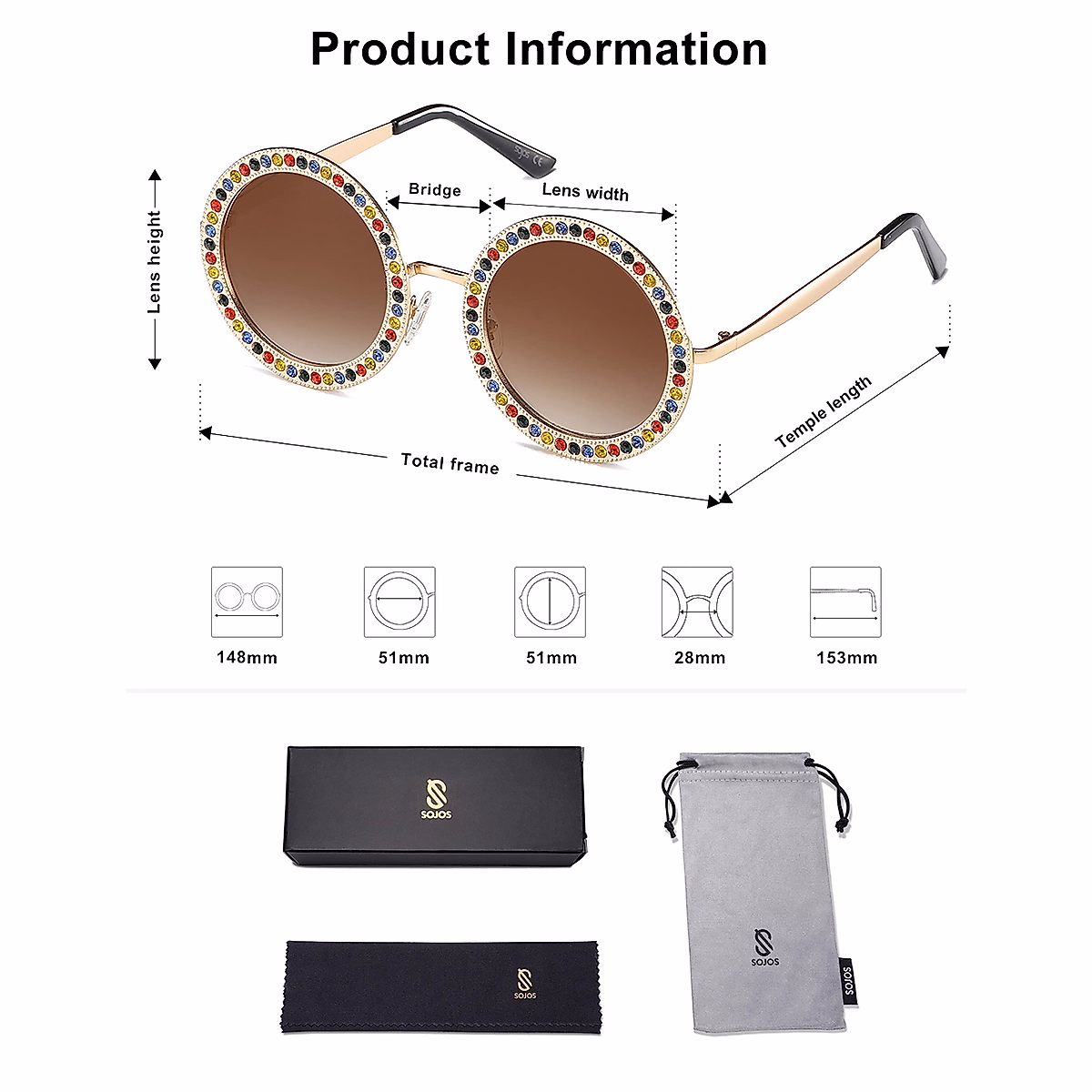 SOJOS Shining Oversized Round Rhinestone Sunglasses Festival Gem Sunnies SJ1095 with Gold Frame/Gradient Brown Lens with Colored Diamonds