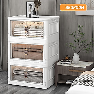 Shelime 4 Pack Foldable Storage Bins with Lids, 23 Gallon Collapsible Storage Bins with Doors and wheels, Stackable Storage Boxes Open Front, Plastic Closet Organziers for Home Bedroom.