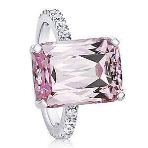Sterling Silver Ring Emerald Cut 8.5 carat Super Light Pink CZ Stone Cocktail Ring 14MM (Size 5 to 10), 7