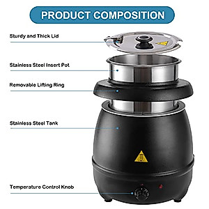 YBSVO 11 Qt. Round Black Countertop Food/Soup Kettle Warmer - 120V, 400W