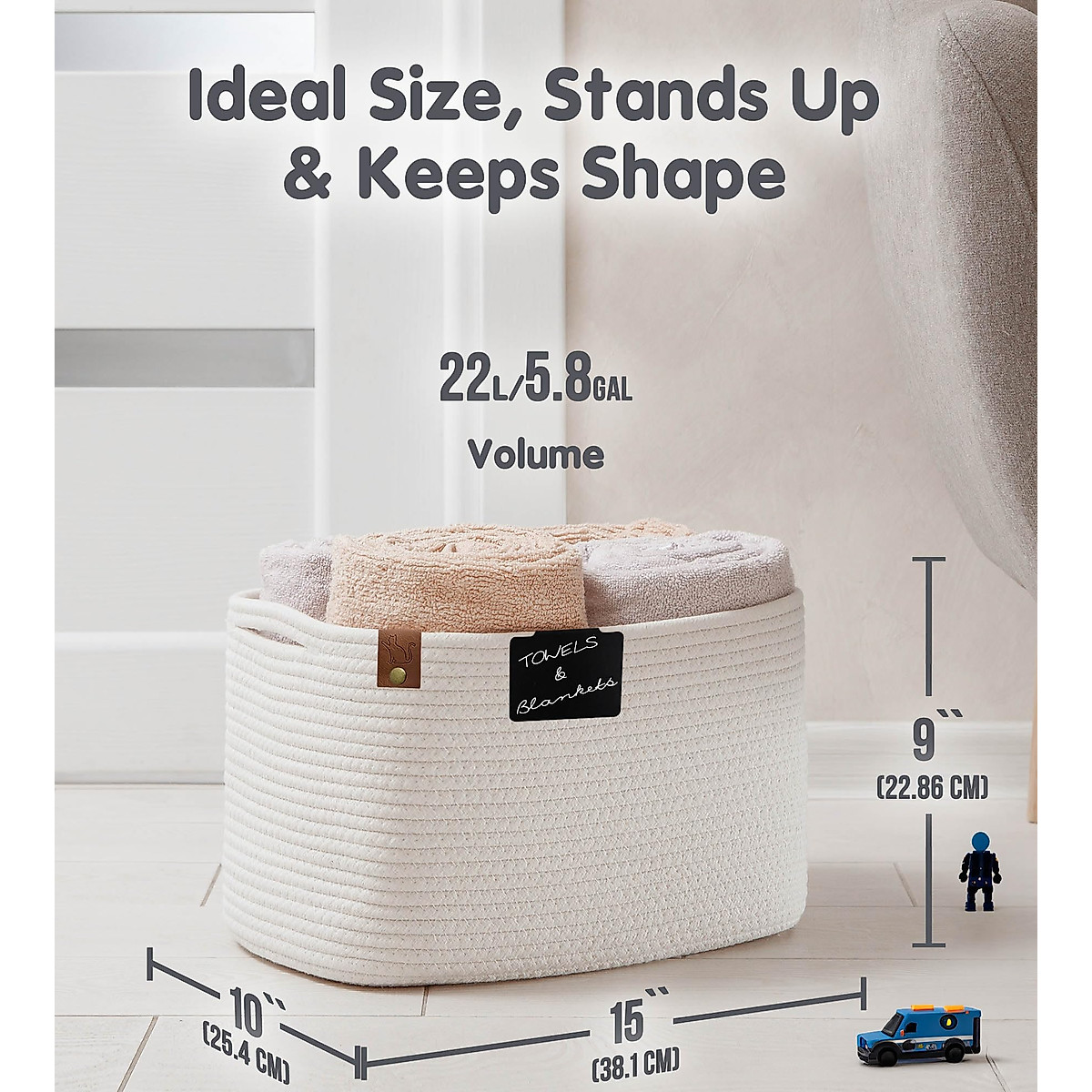 CHAT BLANC Cotton Rope Basket Blanket Storage for Living Room 15.8"x15.8"x13.8" | Baby Toy Storage Basket | Woven Basket | Large Baskets for Organizing, Graphite