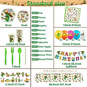 226 PCS Mexican Themed Fiesta Party Supplies - Paper Plates, Cups, Napkins, Straws Forks Knives Spoons, Balloon, Tablecloth, HAPPY BIRTHDAY Banner for Cinco de Mayo Disposable Tableware Set, Serves 24