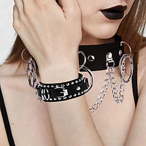 Tosmifairy 3pcs Ring Choker and Bracelets Set Goth Jewelry for Women Ladies Black Leather Collar Cuff Cosplay Accessories Costume