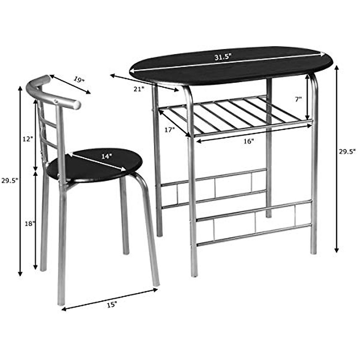 LUARANE 3 Piece Dining Set, Breakfast Table Set w/Metal Frame and Storage Shelf, Compact Table and 2 Chairs Set, for Home Bistro Pub Apartment Kitchen Dining Room Cafe (Black & Silver)