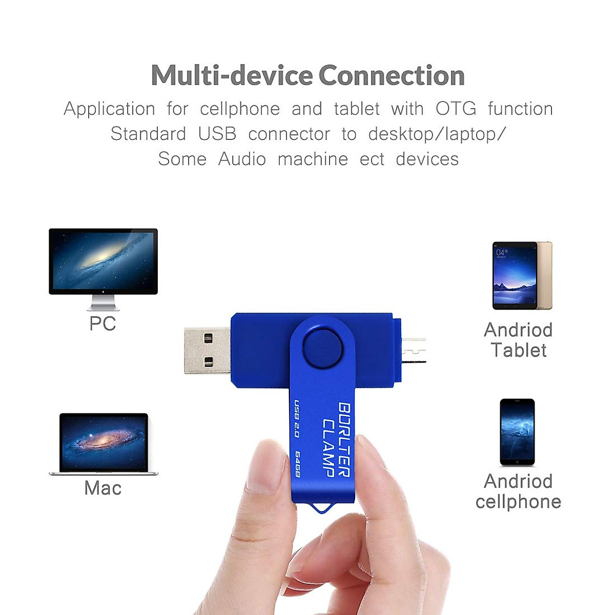BorlterClamp 64GB USB Flash Drive Dual Port Memory Stick, OTG Thumb Drive with Micro USB Drive Port for Android Smartphone Tablet & Computer (Blue)