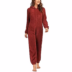 chouyatou Women's Ultra Comfy Lounge Furry Sherpa Romper Onesie Pajamas Cute Ear Hood (Medium, Red)