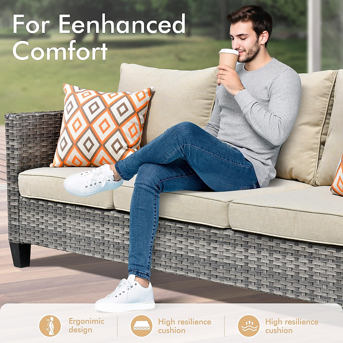 XIZZI 5 Pieces Outdoor Wicker Patio Furniture Set, All-Weather Rattan Conversation Set with Cushions, Ideal for Garden, Patio, or Backyard, Grey Wicker Grey Cushion