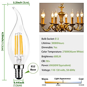 Volxon 5Pack E12 Chandelier Bulb Dimmable 2700k Warm White 600LM Equivalent 60Watt E12 LED Bulb Vintage Filament C35T/CA10 LED Candle Bulbs Suitable for Living and Dining Room