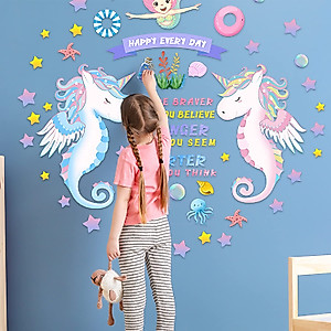3 Sheets Unicorn Wall Decal Stickers Large Size Unicorn Mermaid Wall Decor for Girls Kids Bedroom Nursery Christmas Birthday Party Decoration Seahorse Unicorn Design