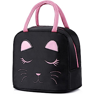 FEWOFJ Portable Insulated Lunch Bag for Kids Girls Cute Reusable Lunch Box for School Picnic Leakproof Lunch Tote Handbag(Black)