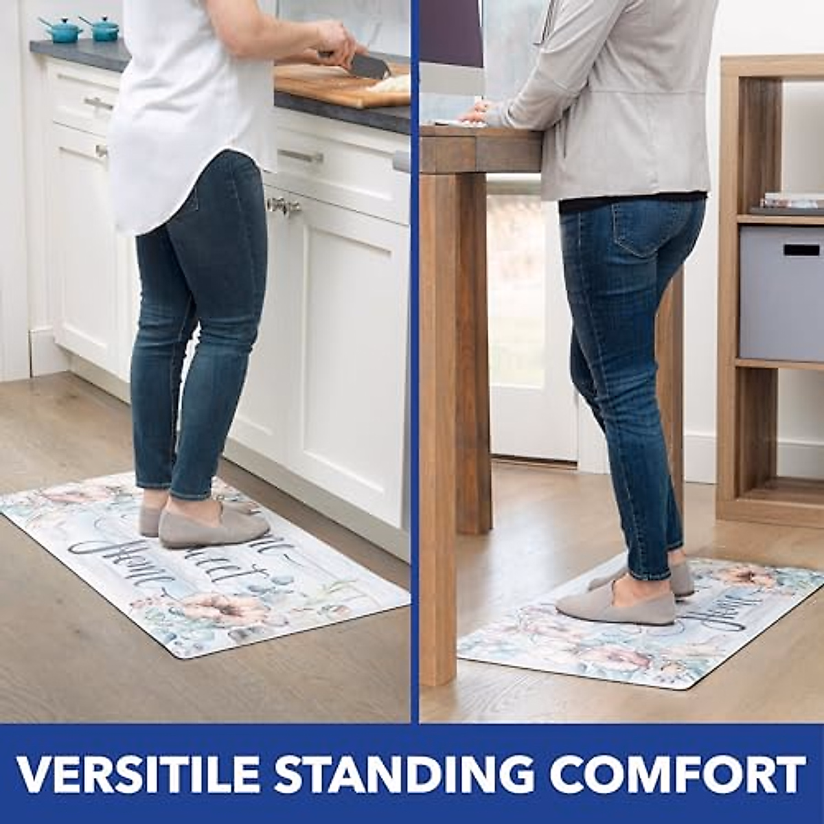 Home Dynamix Cozy Living Home Sweet Home Floral Runner Anti-Fatigue Kitchen Mat, Non-Slip Floor Mat, Padded Standing Desk Mat, Grey/Blue, 17.5"x30"