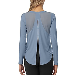 ATTRACO Women's Activewear Tops Long Sleeve Loose Fit Open Back Yoga Workout Shirts Blue L
