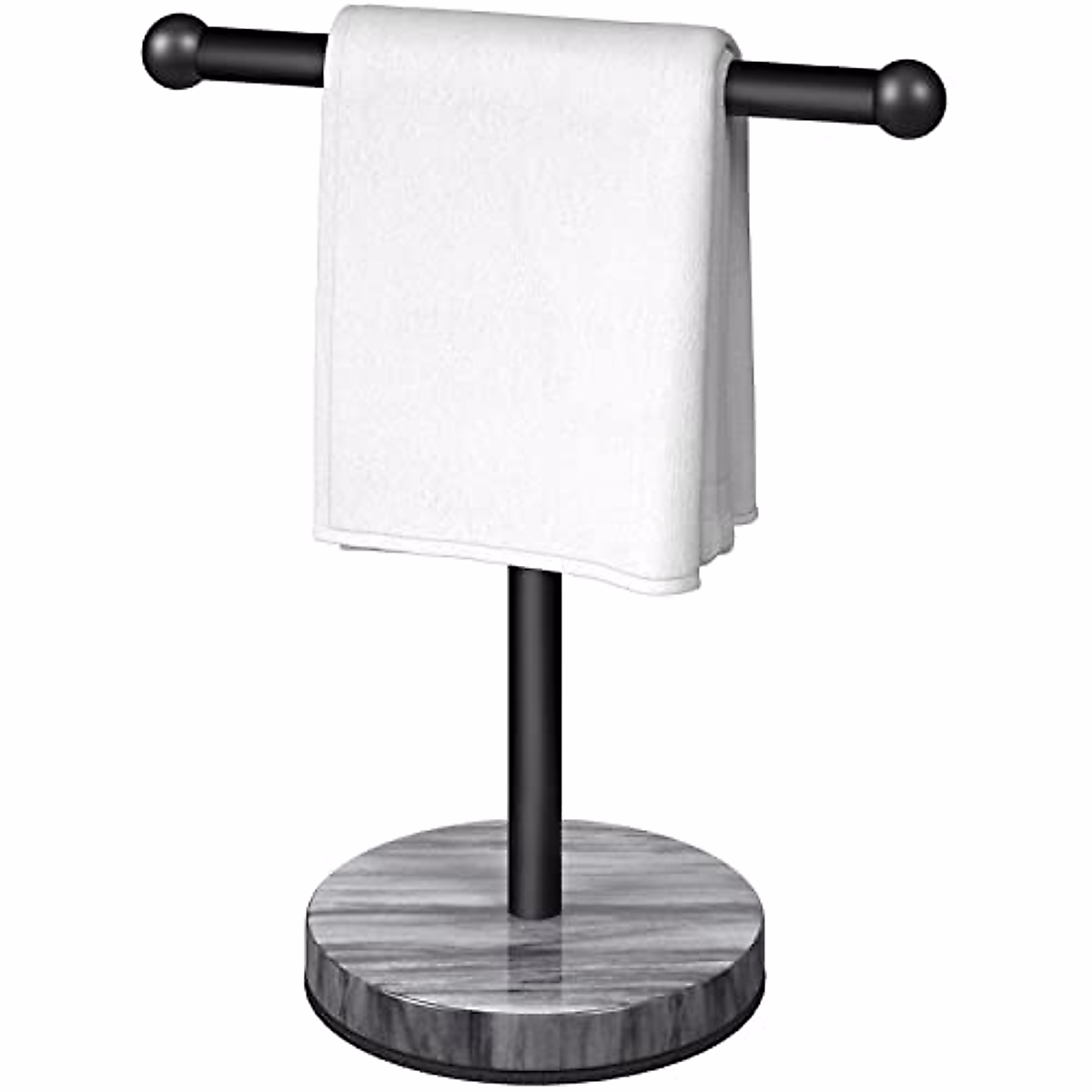 Hand Towel Holder Stand, Pynsseu Counter Freestanding Towel Rack with Marble Base, SUS304 Stainless Steel T-Shape Face Towels Standing for Bathroom Kitchen Vanity Countertop (Matte Black)