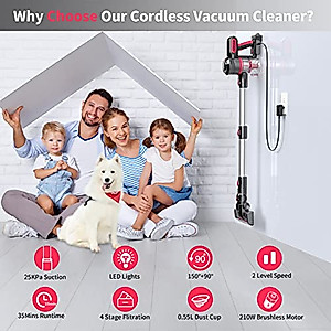 Foppapedretti Cordless Vacuum Cleaner, 25Kpa Strong Suction, 35 mins Runtime, 4-in-1 Vacuum Cleaner with Detachable 2200mAh Rechargeable Battery, Lightweight Stick Vacuum for Hardwood Floor Pet Hair