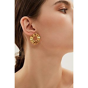 POVIK 14K Gold Plated Flower Hoop Earrings, Vintage Irregular Circular Exaggerated Statement Stud Earrings