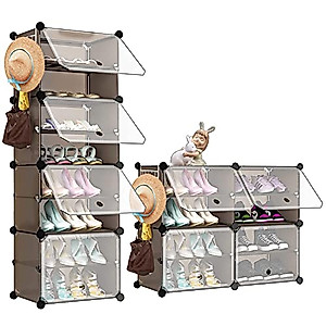YIHATA Shoe Rack Cabinet 16 Pair Shoe Storage Cabinet with Doors for Entryway 8-Tier Plastic Shoe Shelves with Covered DIY Freestanding Shoe Tower for Closet Entryway Hallway Bedroom (Coffee)