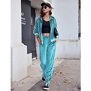 Ekouaer Women's Velvet Velor Tracksuits 2 Piece Lounge Outfits Zip Up Sweatshirt and Sweatpants with Pockets S-3XL(Light blue,Large)
