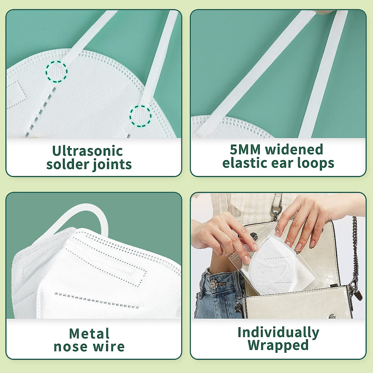 FENFEN KN95 Face Masks for Adults - KN95 Mask Disposable with 5-Layer Protection, 3D Safety Breathable Dust Face Mask for Women Men - Individually Wrapped - 50 Pack (Black, White, Light Blue)