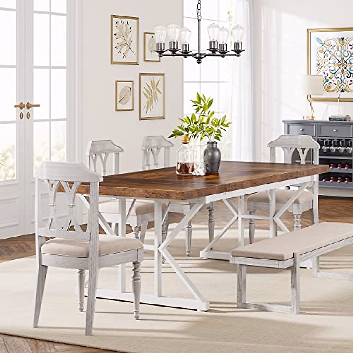 Tribesigns Farmhouse Dining Table for 6 People, 70.8-Inch Rectangular Wood Dining Table, Rustic Kitchen Table with Heavy Duty Metal Legs for Dining Room (Brown/White)