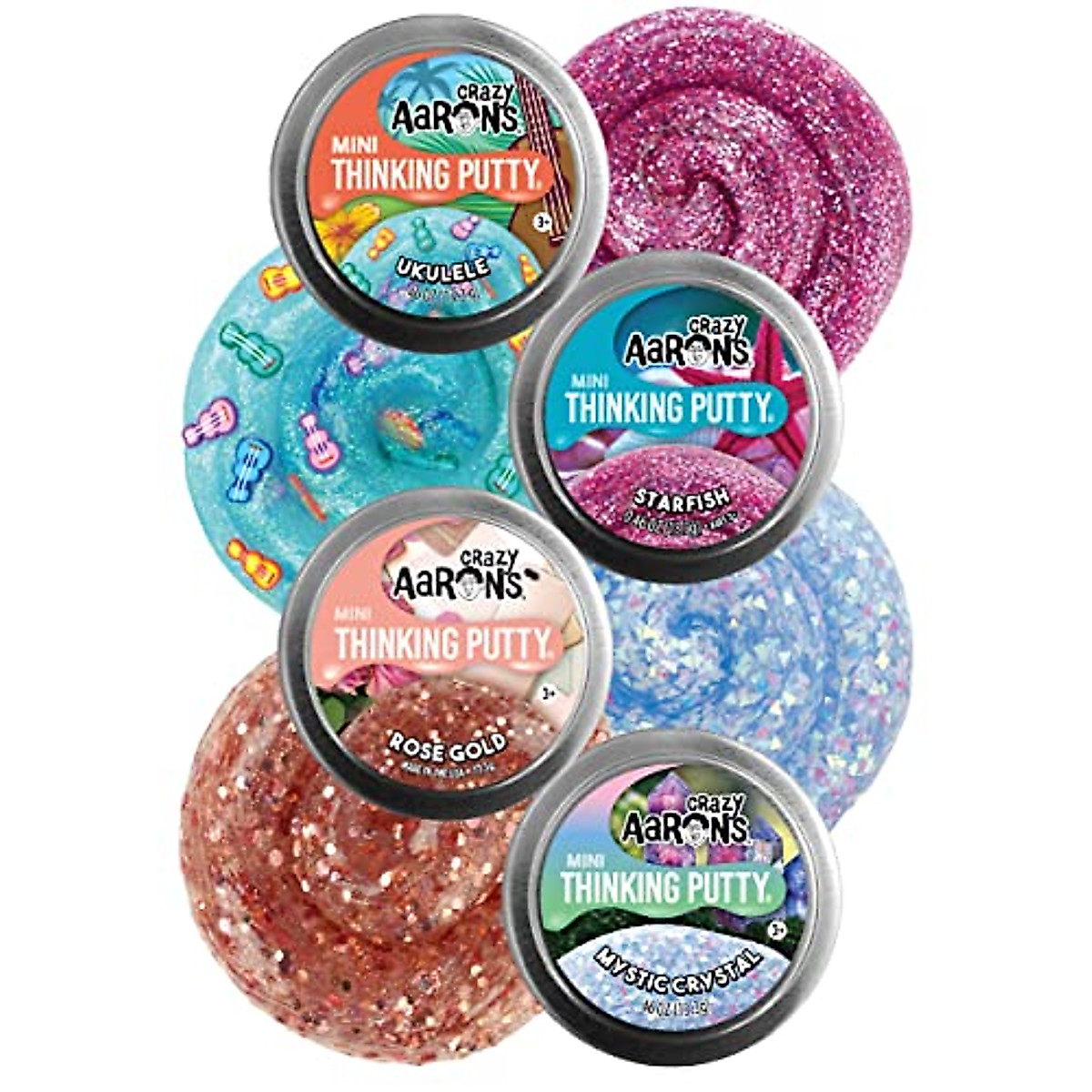 Crazy Aaron's Putty Mini Tins Mystical Crystal, Ukulele, Starfish & Rose Gold Gift Set Bundle - 4 Pack (13.3g Each)